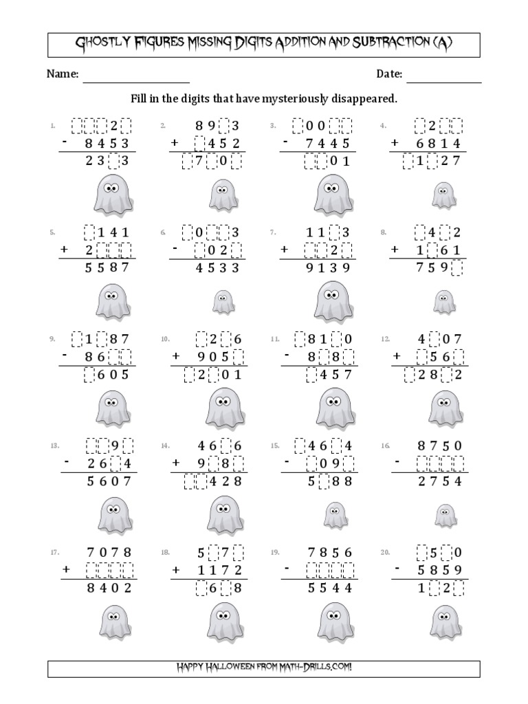 Ghostly Figures Missing Digits Mixed Additionsubtraction Hard 001qp ...