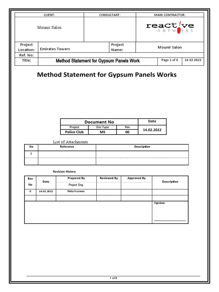 Method Statement For Gypsum Panels Work | PDF | Sanitation | Drywall