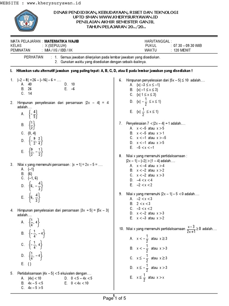 Soal Pas Matematika Wajib Kelas X k13 - WWW - Kherysuryawan.id | PDF