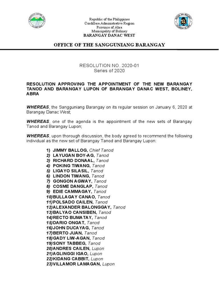 Resolution 2020-01 - TANOD AND LUPON | PDF | Local Government | Philippines