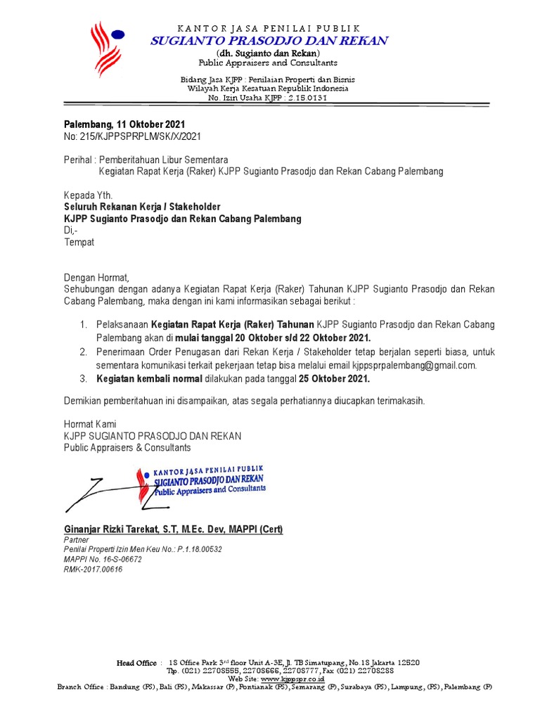 Surat Edaran Raker KJPP SPR Palembang Tahun 2021 | PDF