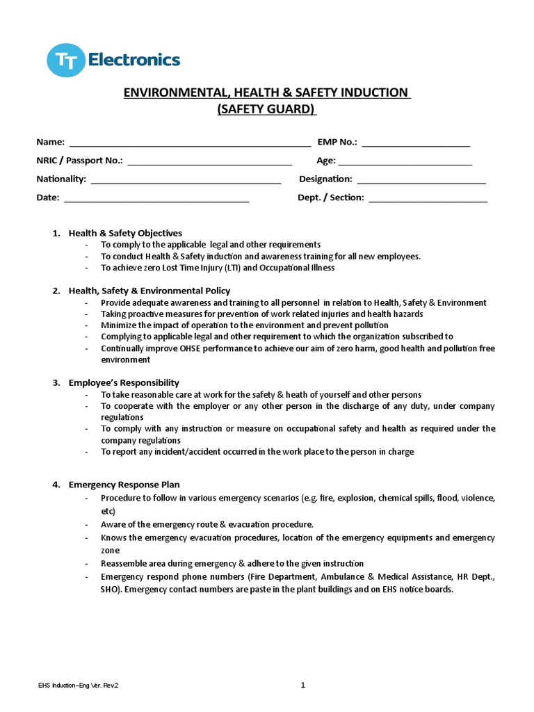 EHS Induction Form Security Guard (BI) Rev3 - Jun 2017 | PDF ...