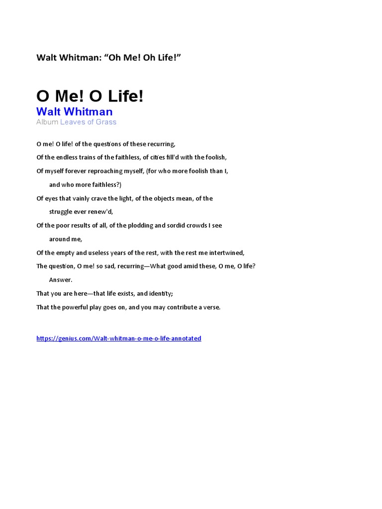 Whitman - Oh Me! Oh Life! | PDF