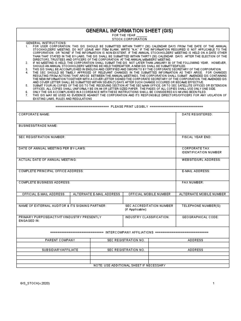 General Information Sheet (Gis) : Stock Corporation | Download Free PDF ...