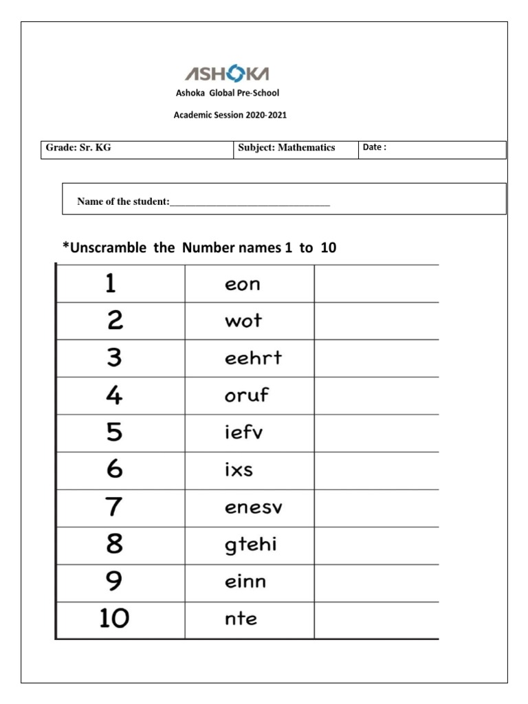 Unscramble The Number Names 1 To 10: Grade: Sr. KG Subject: Mathematics ...