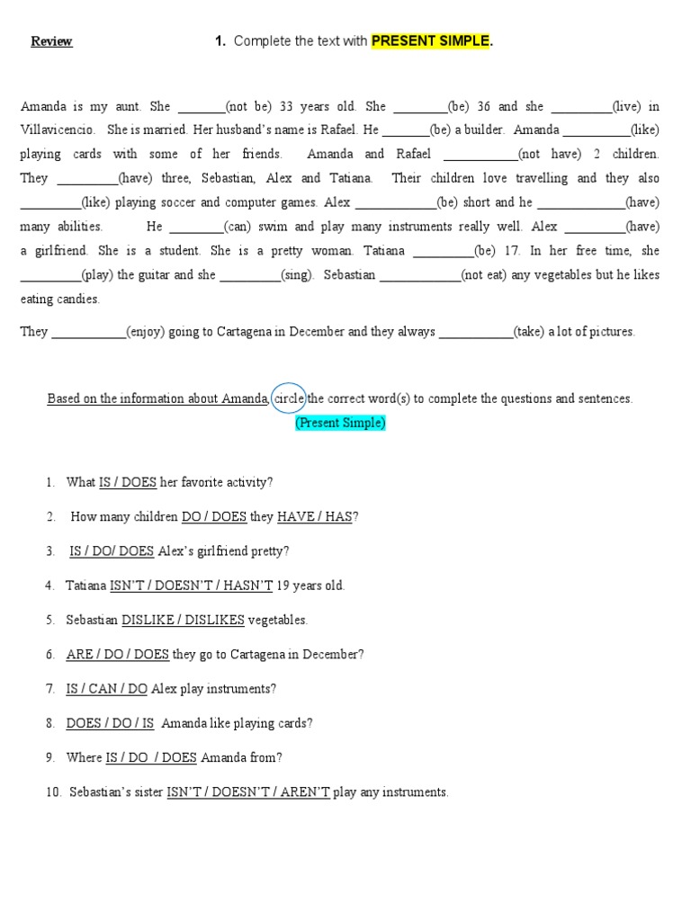 Review 1. Complete The Text With Present Simple | PDF | Linguistics ...