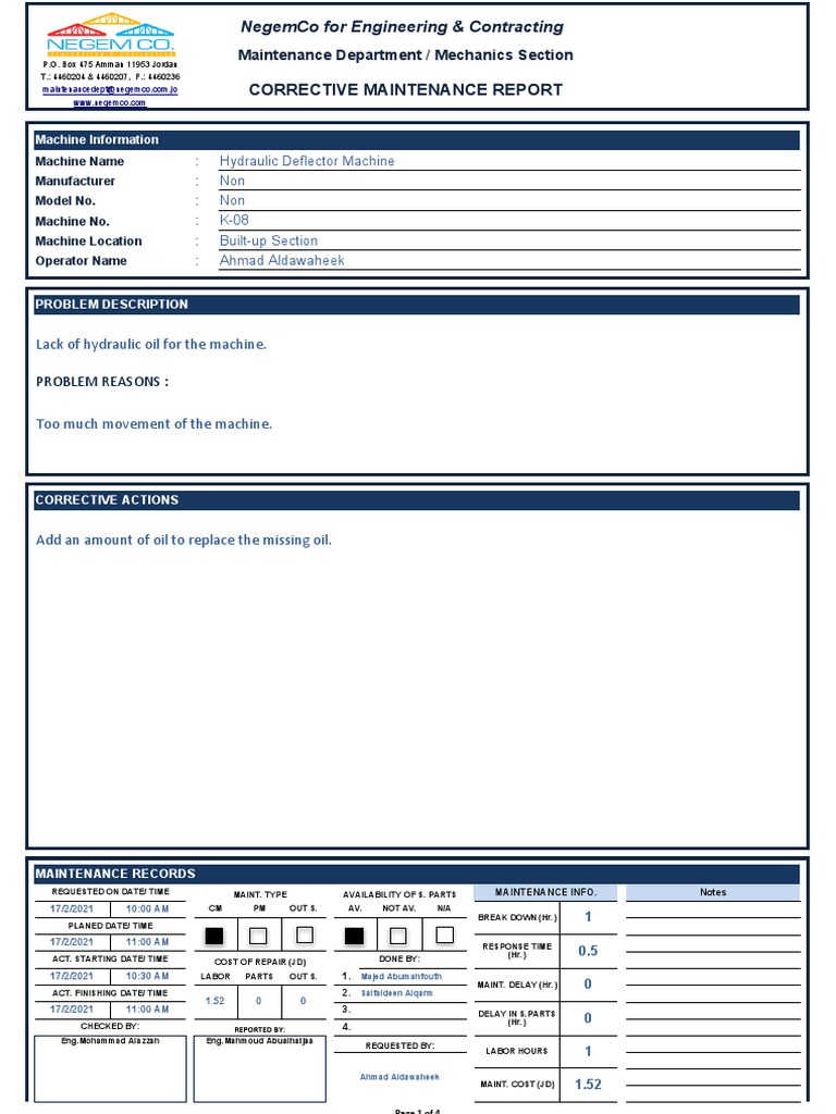 Detailed Maintenance Report N 001 | PDF | Engineering | Mechanical ...