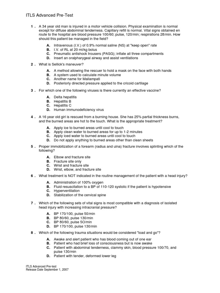 ITLS Advanced Pre-Test 9-20071 | PDF | Major Trauma | Intravenous Therapy