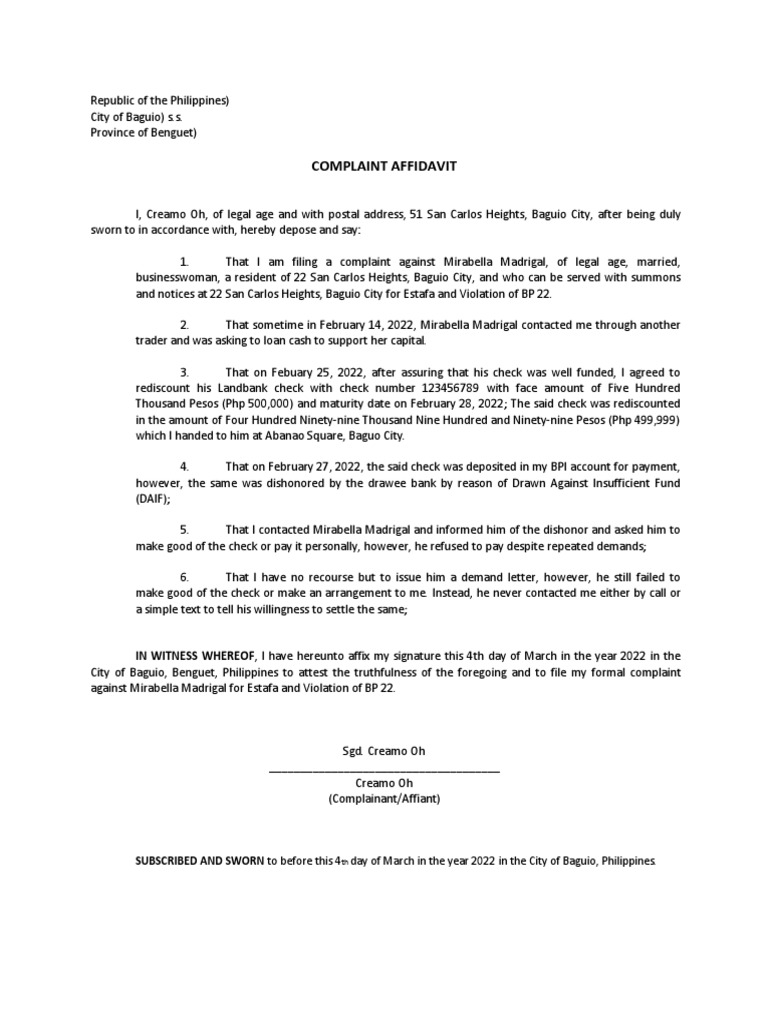 Sample Complaint-Affidavit - S | PDF | Civil Law (Common Law) | Banking