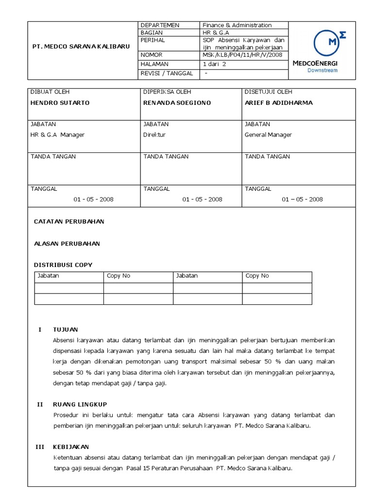 SOP - Absensi Datang Terlambat Dan Ijin Meninggalkan Pekerjaan | PDF