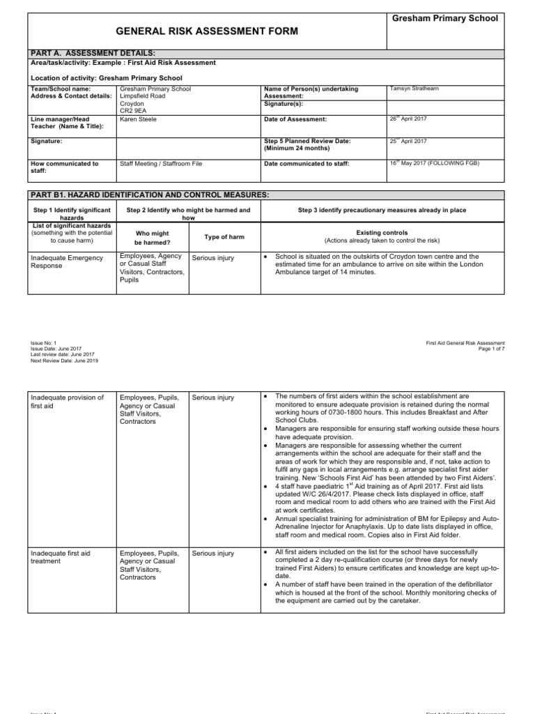 General Risk Assessment Form: Part A. Assessment Details | PDF | First ...