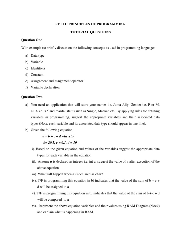CP 111 Tutorial Questions 3 | PDF | Variable (Computer Science) | Equations