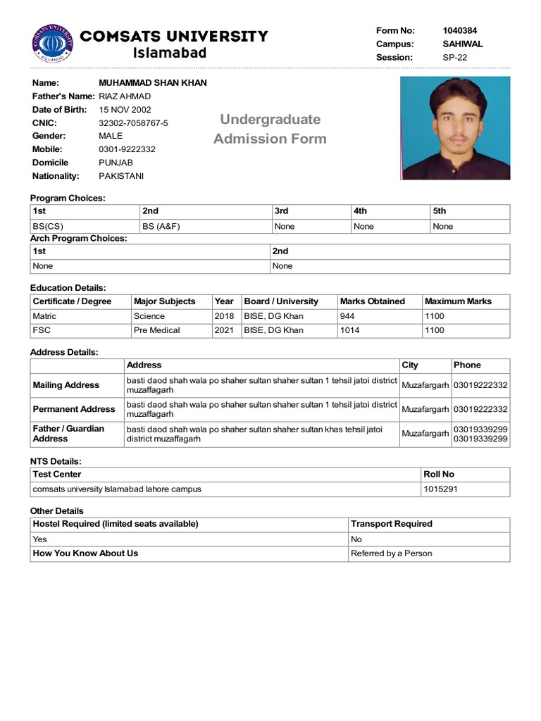 Undergraduate Admission Form | PDF