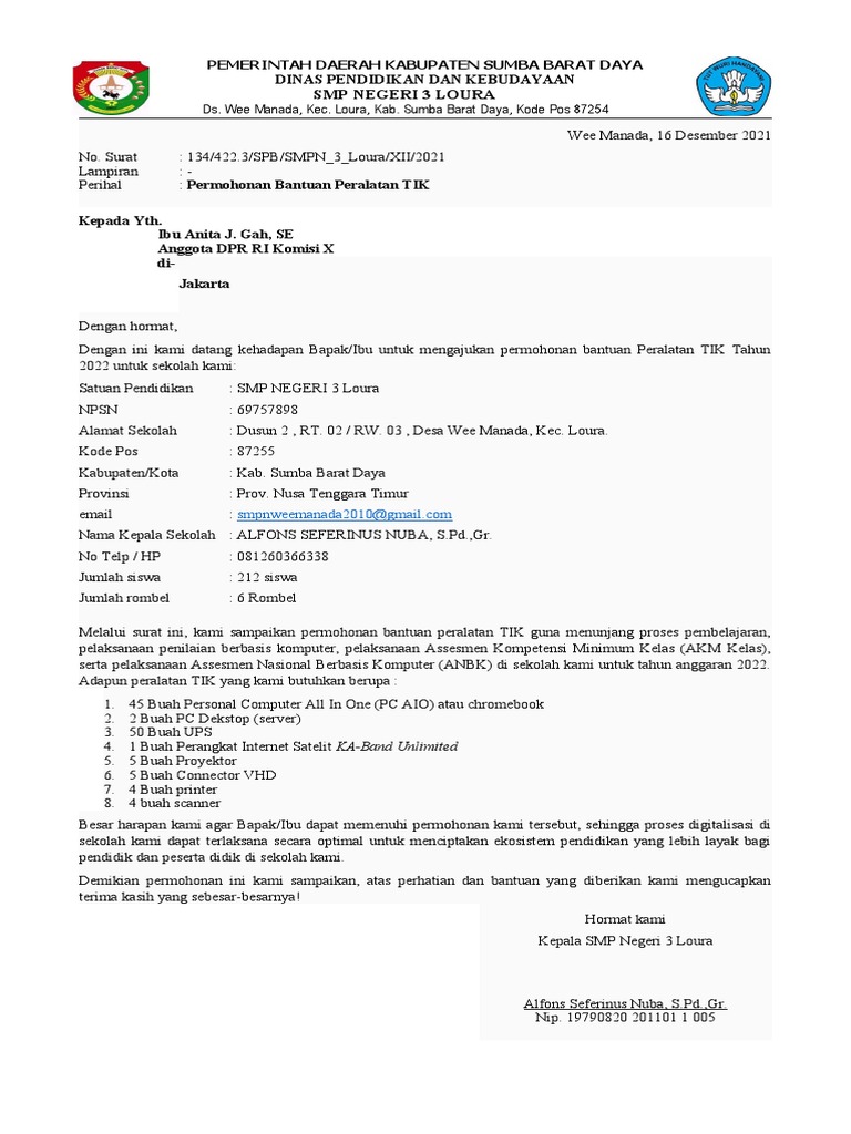 Surat Permohonan Bantuan Tik Anbk | PDF