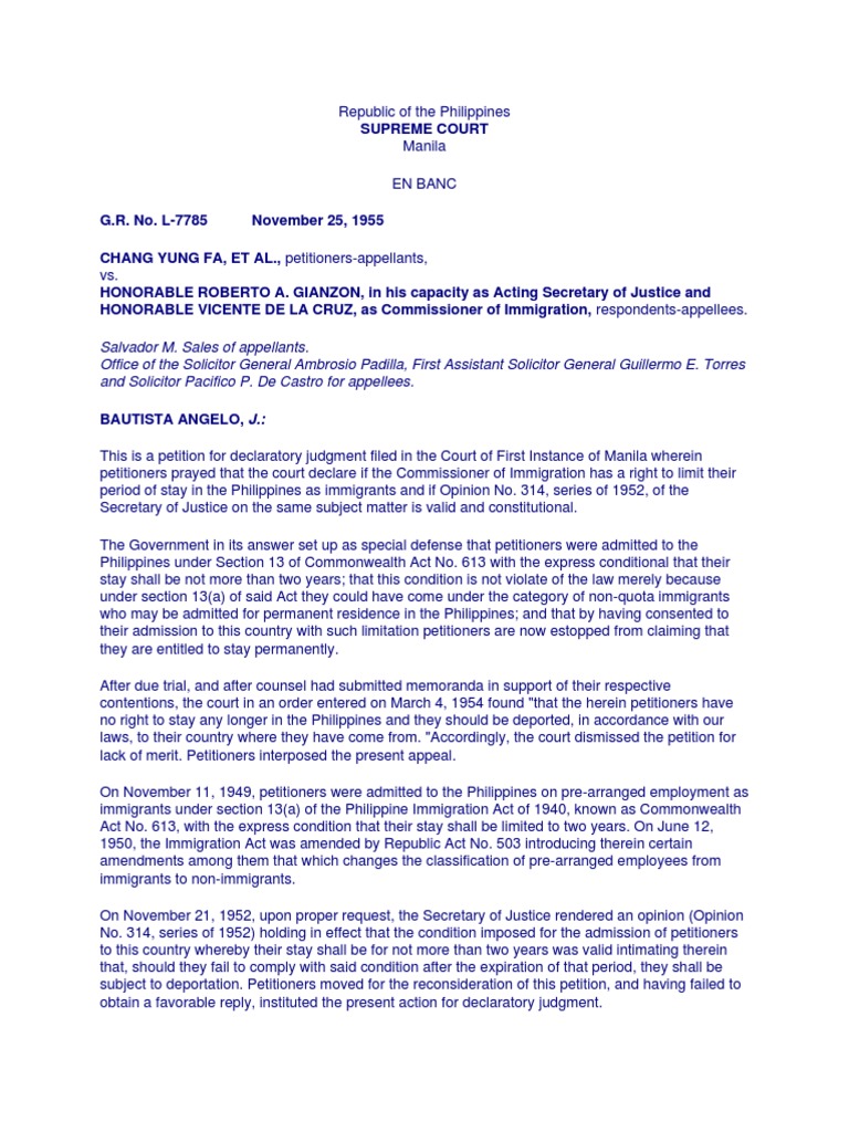 Chang Yung Fa v. Gianzon, G.R. No. L-7785 | PDF | Alien (Law ...