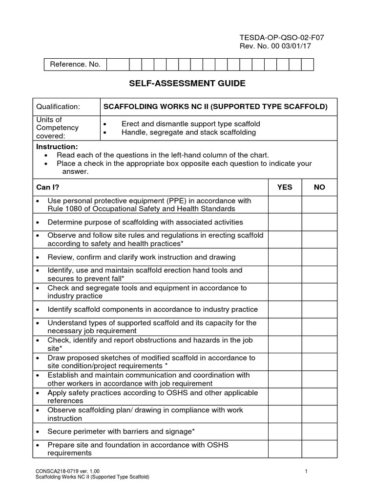 Self-Assessment Guide: Scaffolding Works NC Ii (Supported Type Scaffold ...