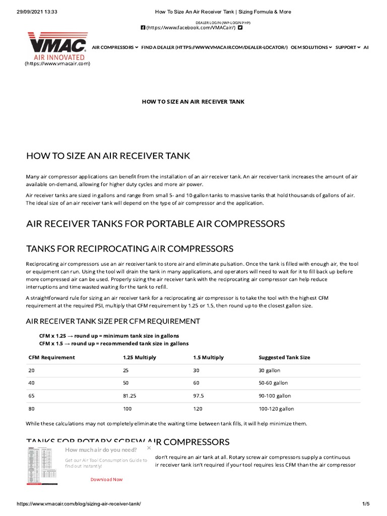 How To Size An Air Receiver Tank - Sizing Formula | PDF
