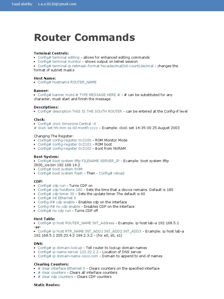 Router Commands Ccna | PDF | Ip Address | Network Socket