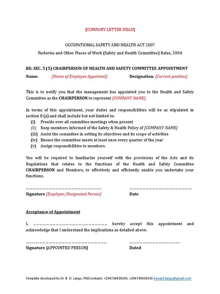 Chairperson Appointment Template | PDF | Occupational Safety And Health ...