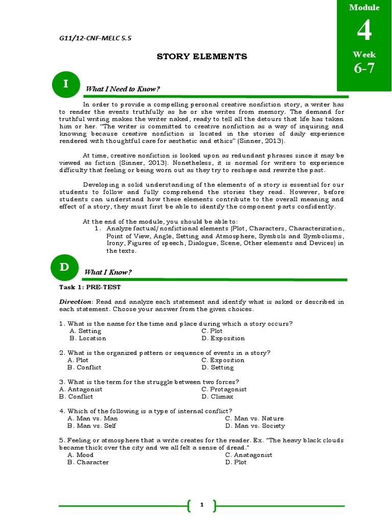 Story Elements: G11/12-CNF-MELC 5.5 | PDF | Plot (Narrative) | Narration
