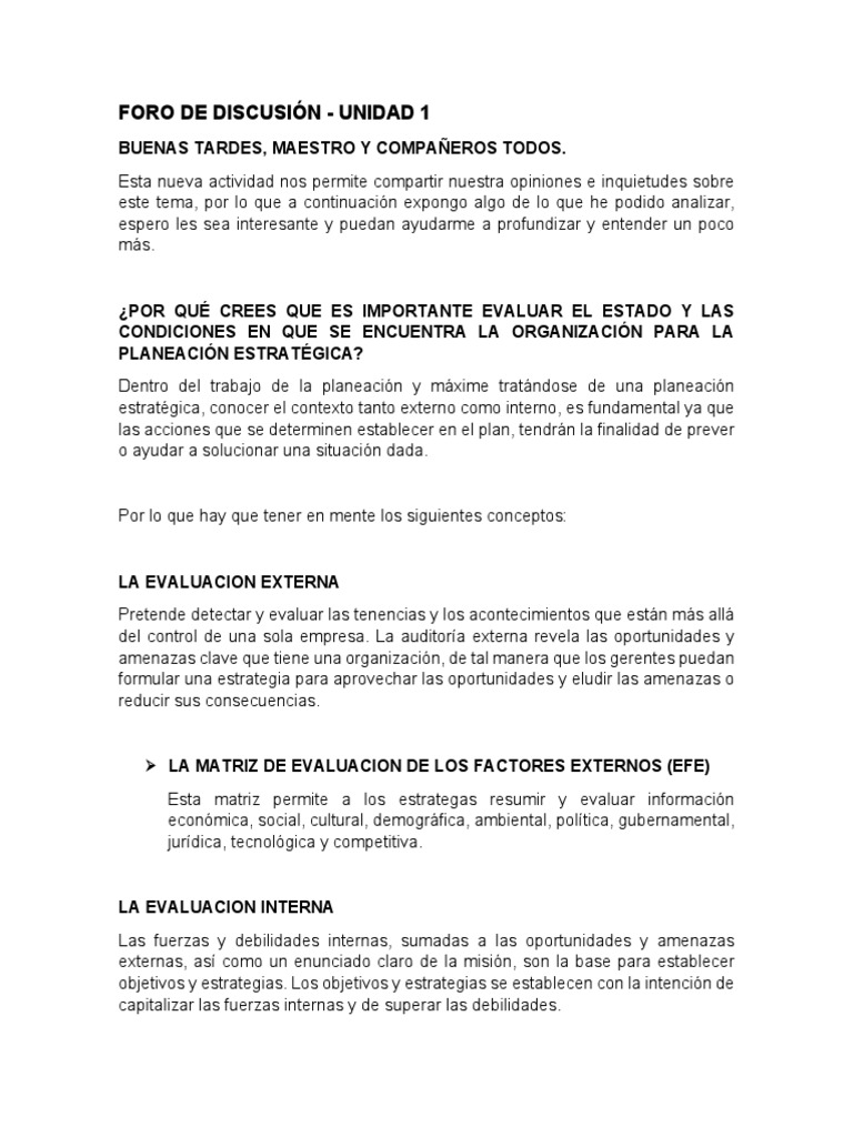 Foro de Discusión - U1 | PDF | Planificación | Planificación estratégica