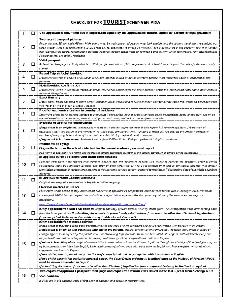 Tourist: Checklist For Schengen Visa | PDF | Travel Visa | Passport