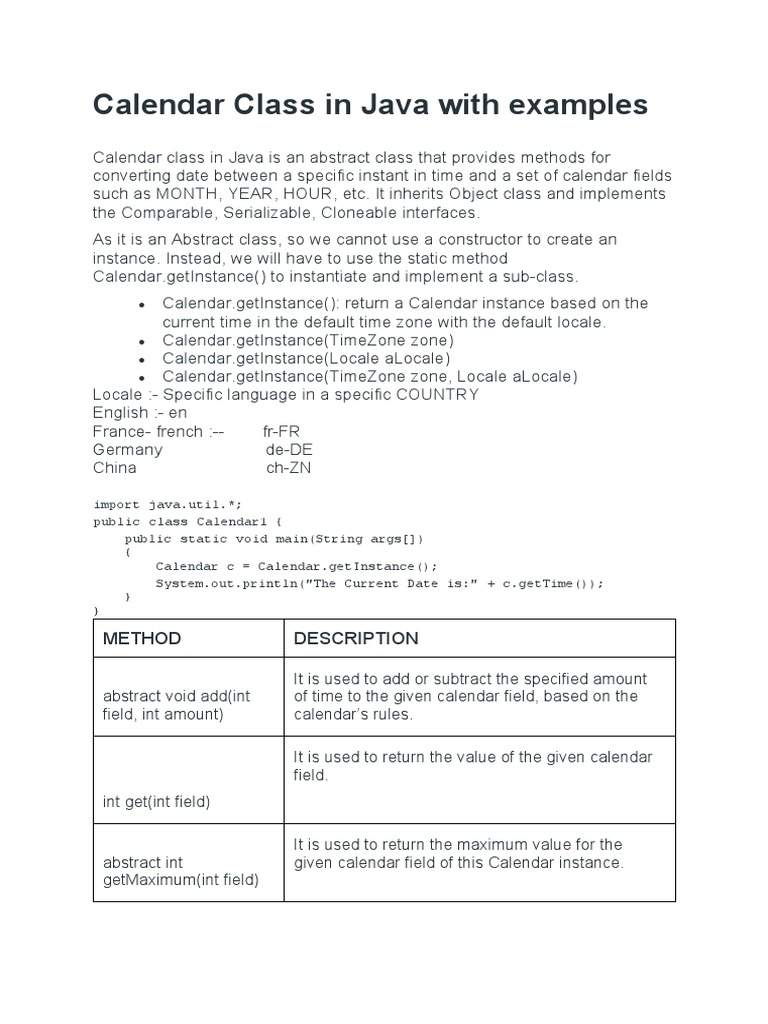 Calendar Class in Java With Examples | PDF | Class (Computer Programming) | Method (Computer ...