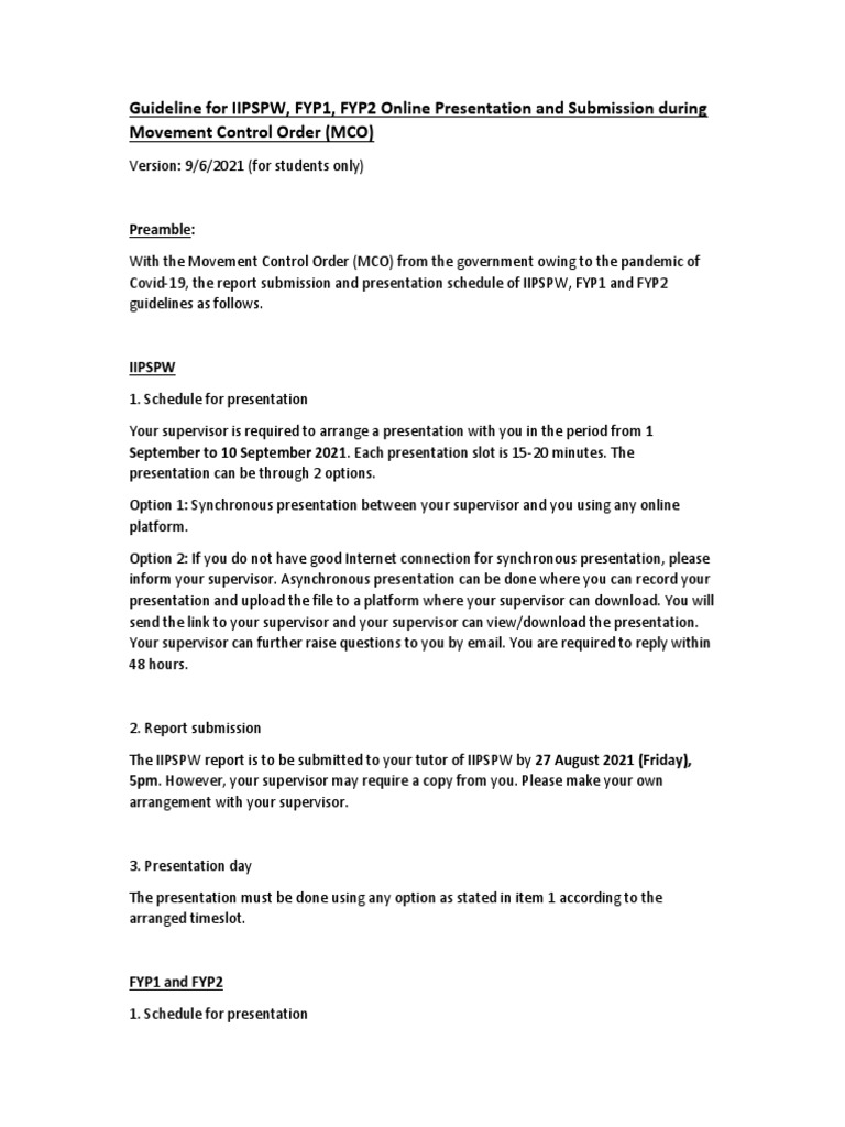 Guideline For IIPSPW FYP1 FYP2 During MCO Stu v1 | PDF | Internet Forum | Turnitin