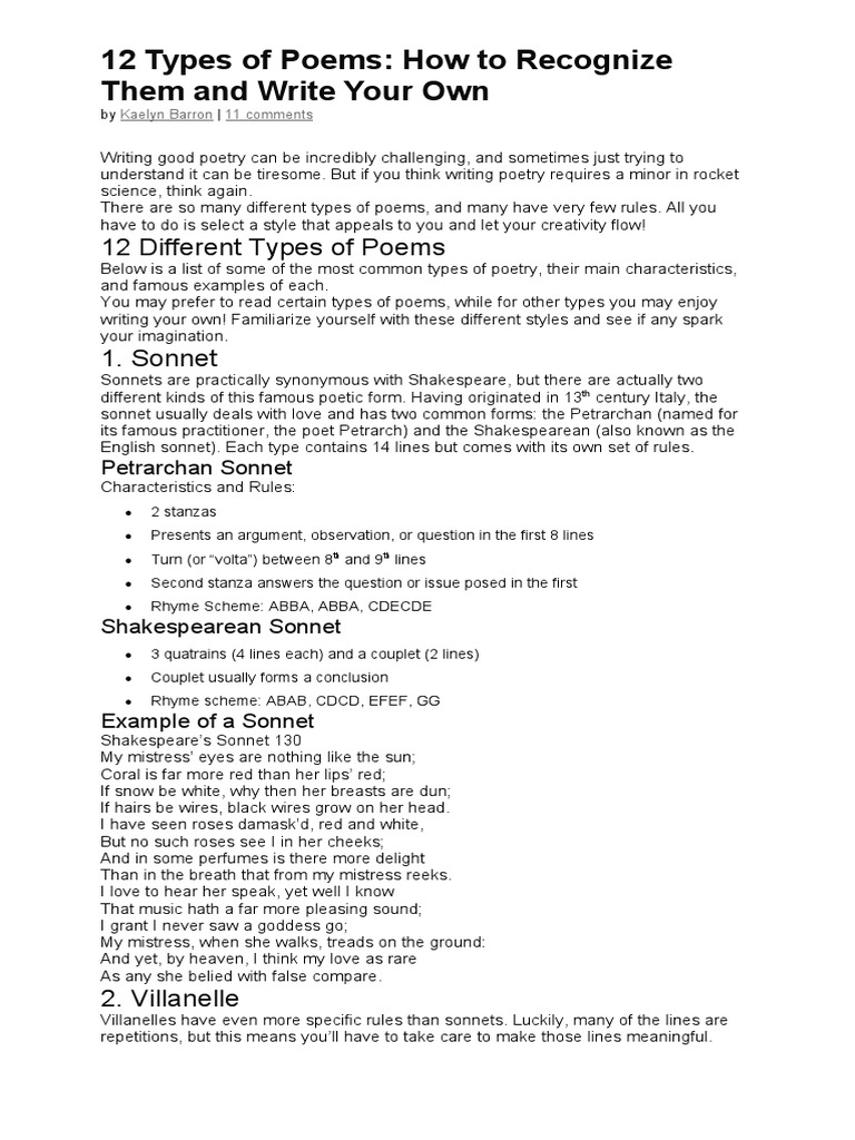 Poem Types | PDF | Poetry | Sonnets