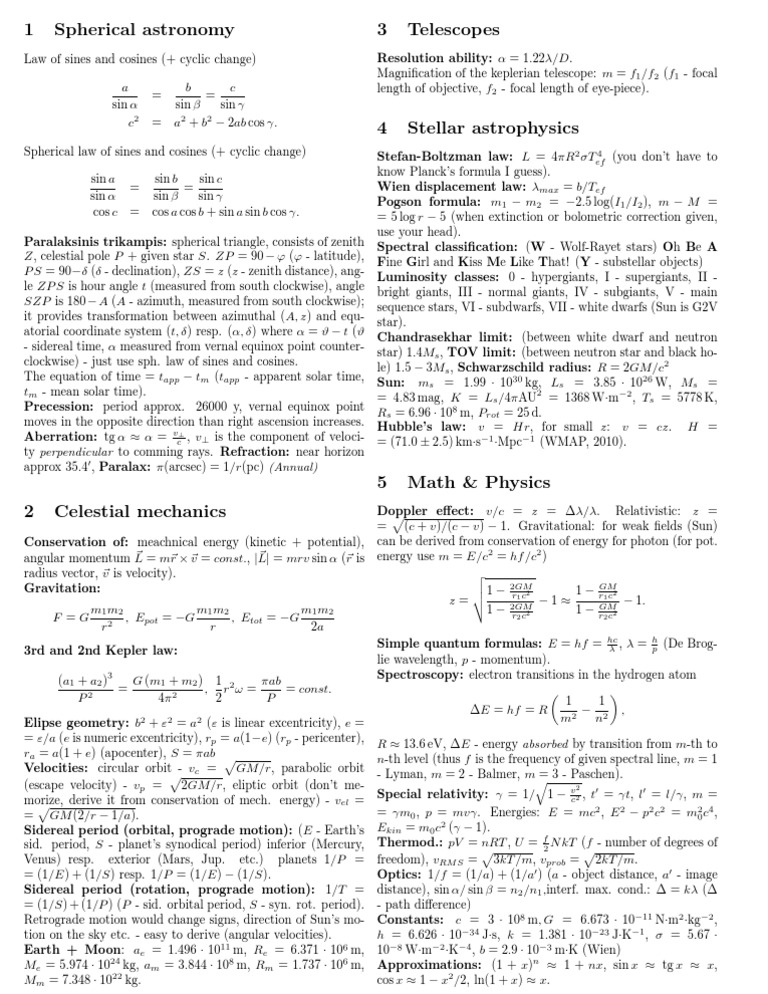 Astronomy Equations
