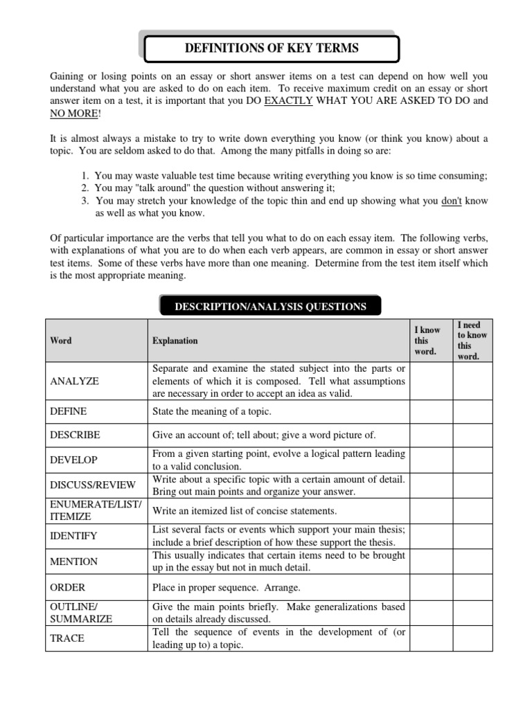 Definitions of Key Terms: Description/Analysis Questions | PDF | Essays ...