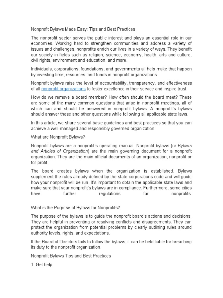 Nonprofit Bylaws Guide | PDF | Nonprofit Organization | By Law