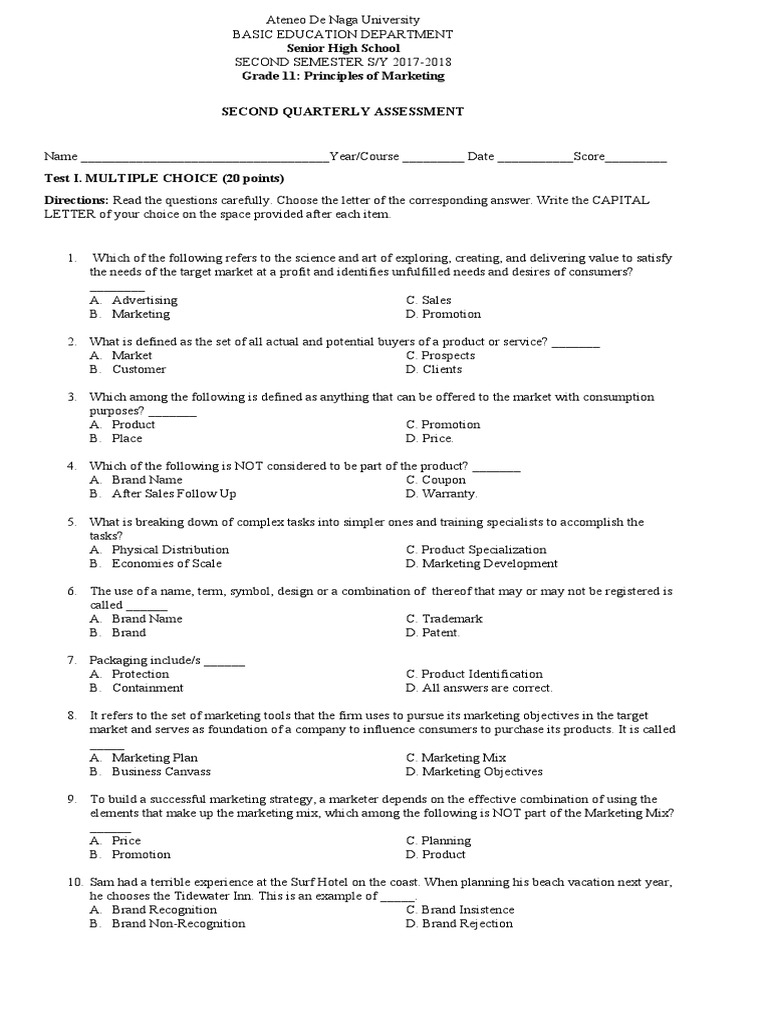 Senior High School Grade 11: Principles of Marketing Second Quarterly ...