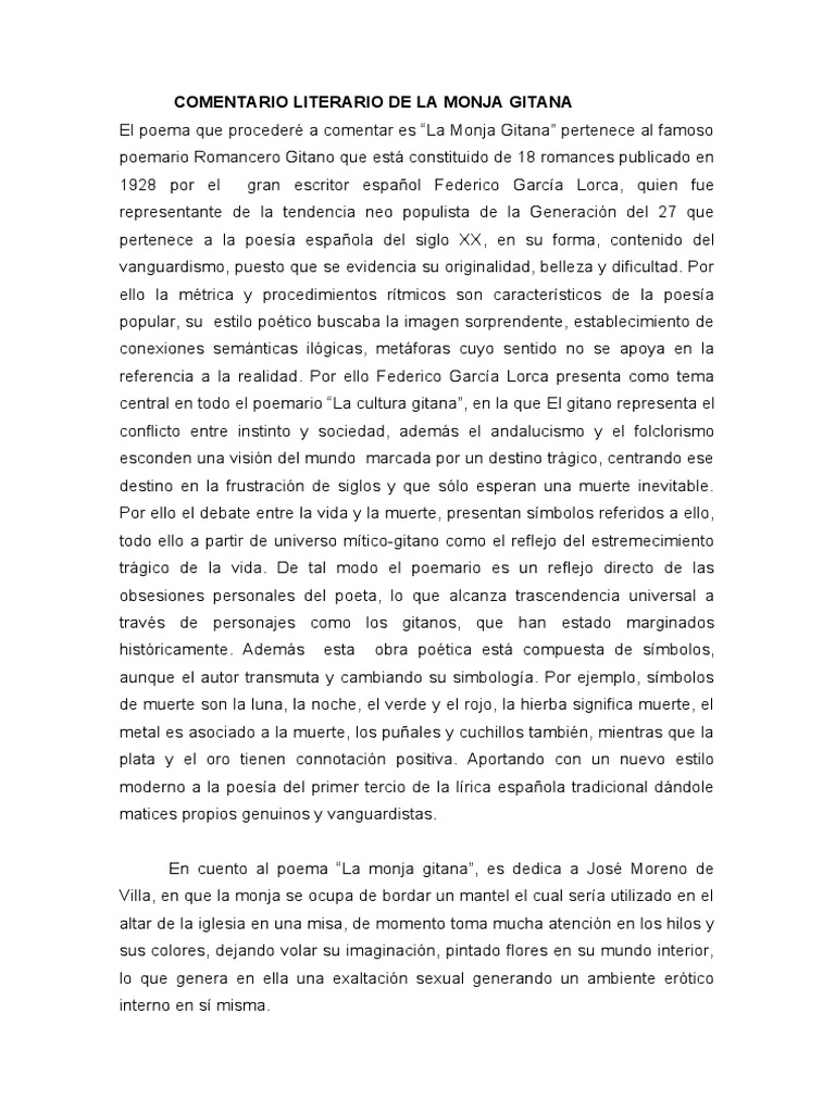 Comentario Literario de La Monja Gitana | PDF | Poesía | Federico García Lorca