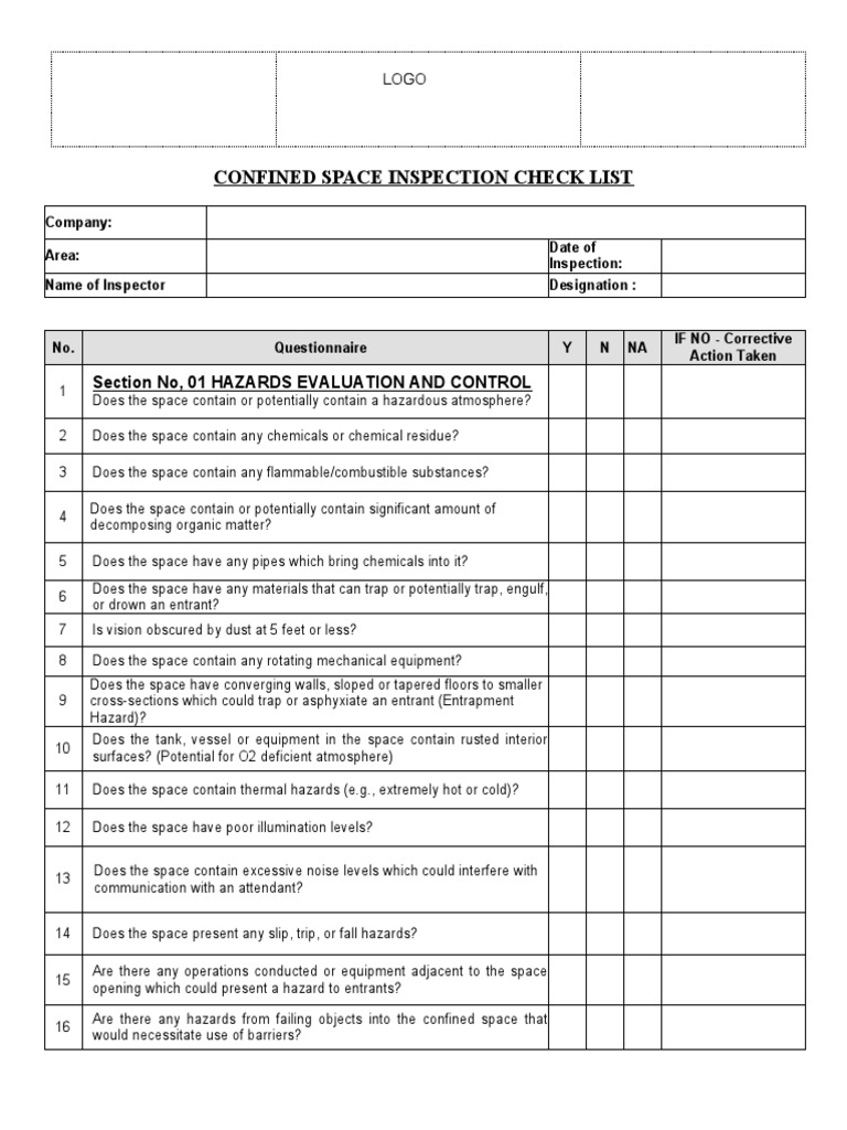 Confined Space Inspection Checklist | PDF | Personal Protective ...