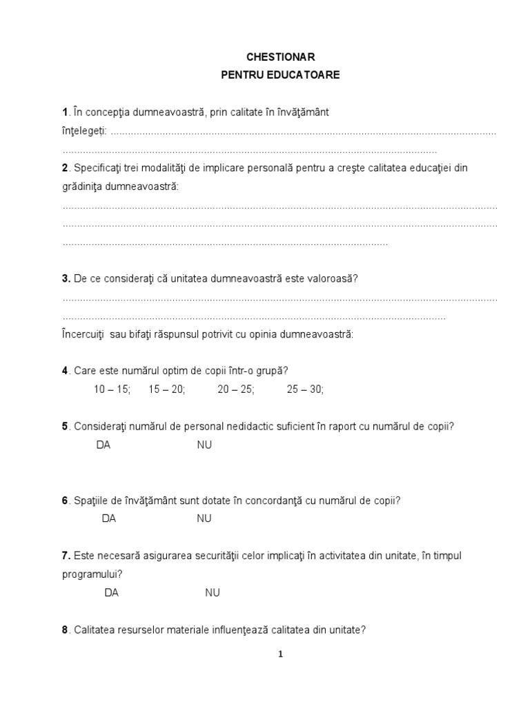 Chestionar Pentru Educatoare | PDF
