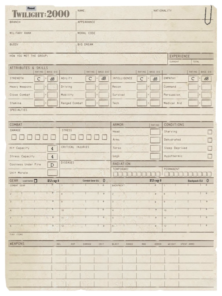 T2K4 Character Sheet English Color (Fillable) | PDF | Military Science ...