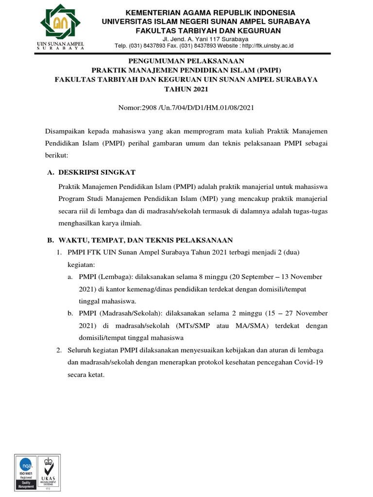 Pengumuman PMPI UINSA | PDF