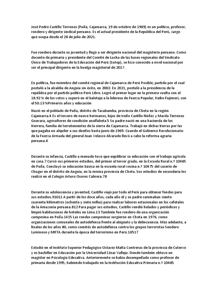 José Pedro Castillo Terrones | PDF | América del Sur | Perú