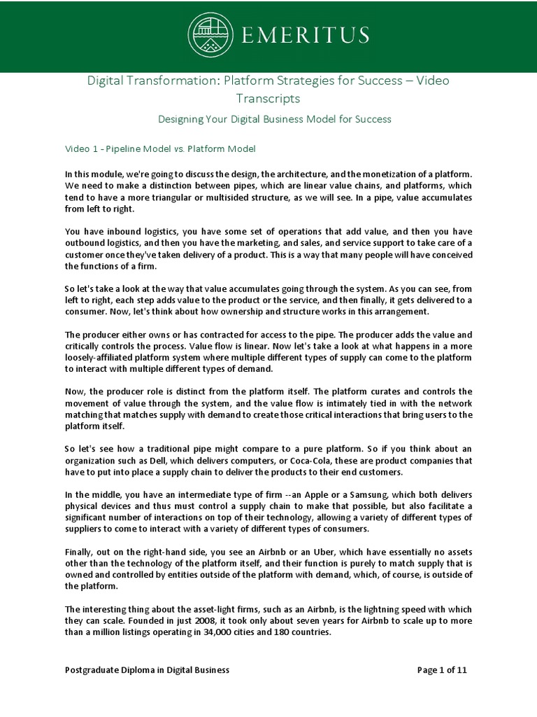 PGDDB - DTPSS - Week 14 - Designing Your Digital Business Model For Success - Transcripts | PDF ...