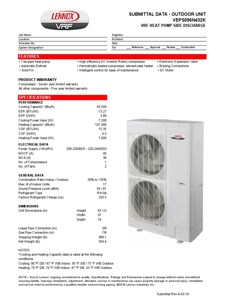 Lennox-Vrf Submittals Standard Veps096n432k | PDF | Heat Pump | Air Conditioning