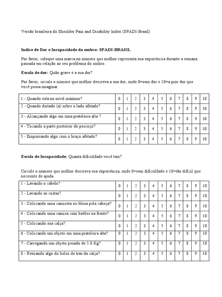 SPADI Versão Brasileira Do Shoulder Pain and Disability Index | PDF