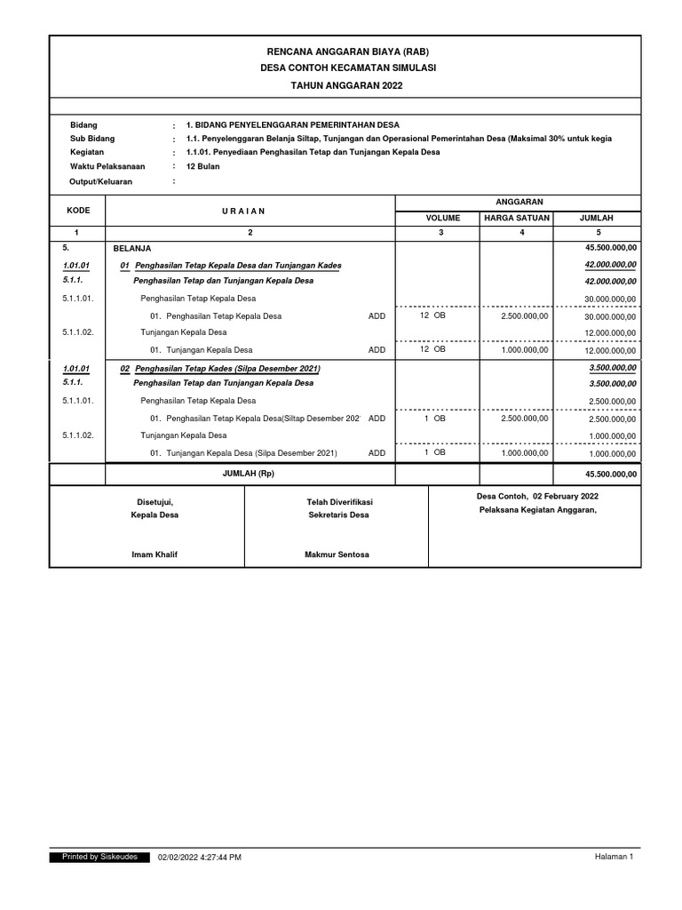 Contoh RAB Belanja APB Desa 2022 (ADD, DD Dan Silpa) | PDF