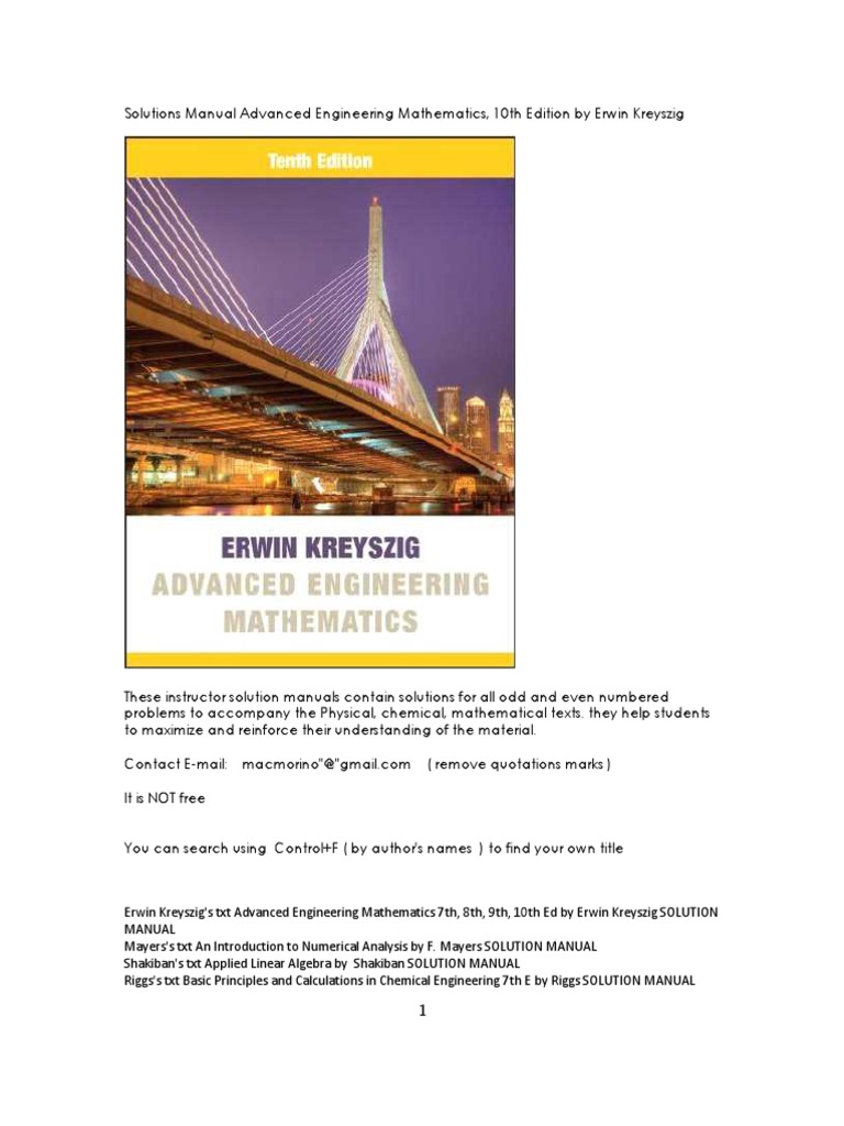 Solutions Manual Advanced Engineering Mathematics 10th Edition by Erwin Kreyszig | PDF ...