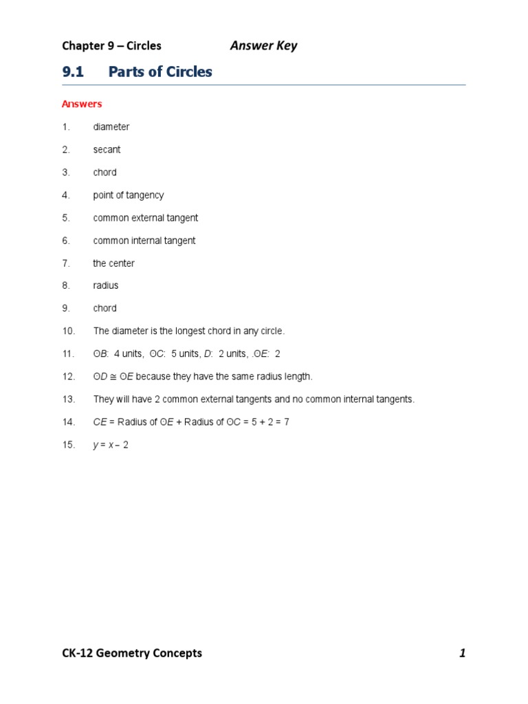 Answer Key - CK-12 Chapter 09 Geometry Concepts | PDF | Circle | Perpendicular