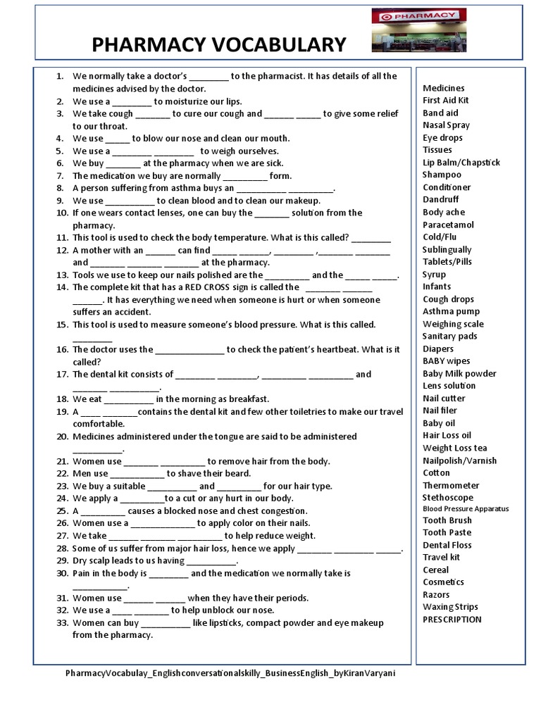 Pharmacy Vocabulary for ESL Learners | PDF | Tablet (Pharmacy) | Pharmacy