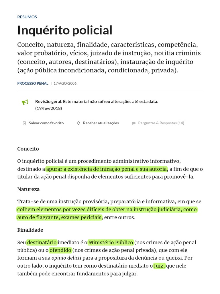 Inquérito Policial - Resumo de Direito - DireitoNet | PDF ...