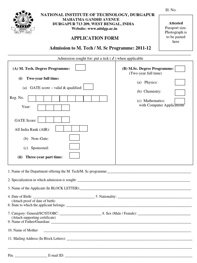 Application Form Admission To M. Tech / M. SC Programme: 2011-12 | PDF