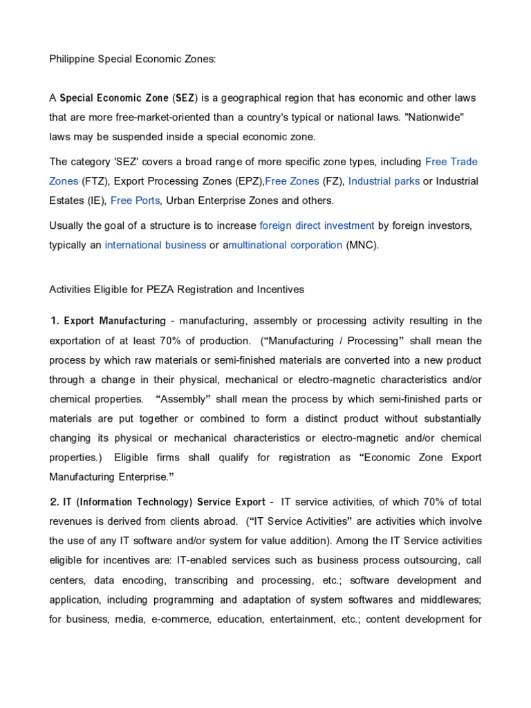Philippine Special Economic Zones Overview | PDF | Income Tax | Taxes