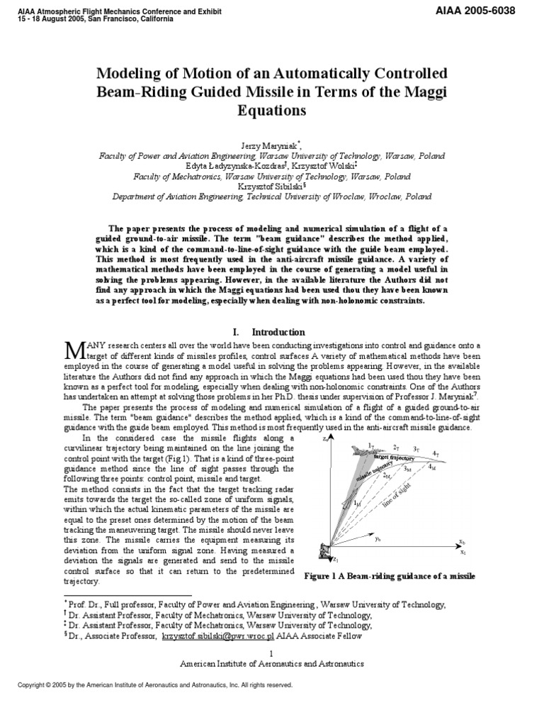 Modelling of Motion of An Automatically Controlled Beam Riding Guided ...
